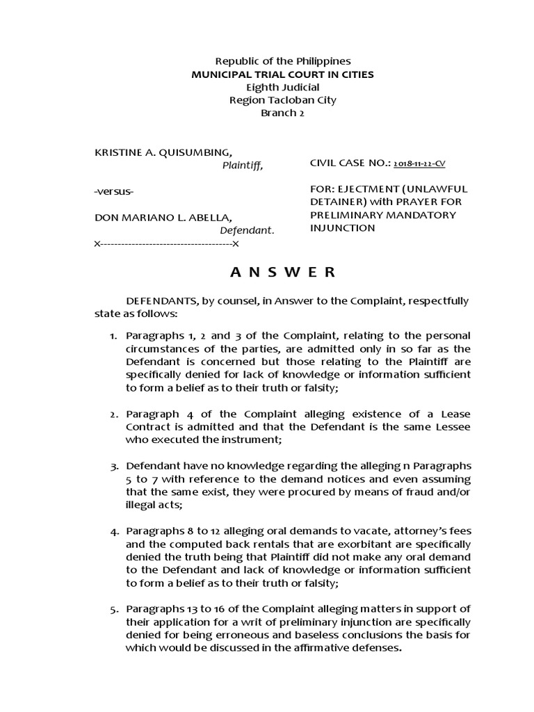 Answer: Municipal Trial Court in Cities | PDF | Lawsuit | Complaint