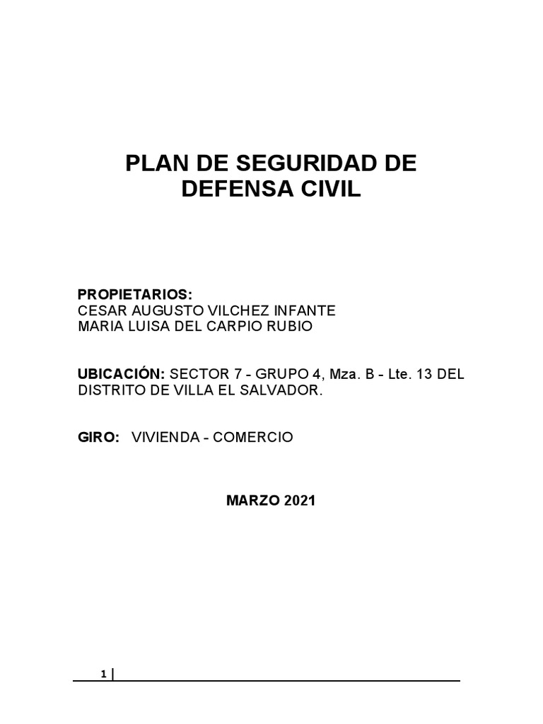 Plan de Seguridad de Defensa Civil 1 | PDF | Defensa Civil | Primeros ...