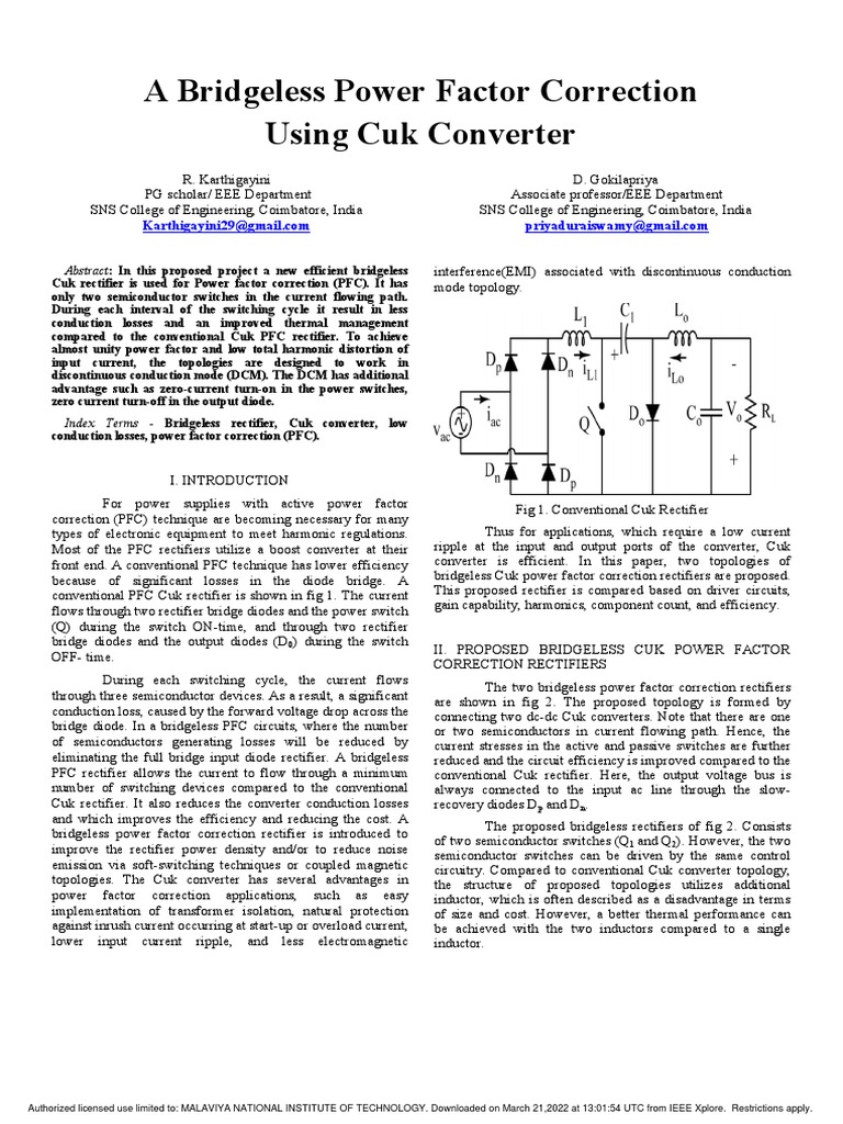 A Bridgeless Power Factor Correction Using Cuk Converter | PDF | Rectifier | Diode