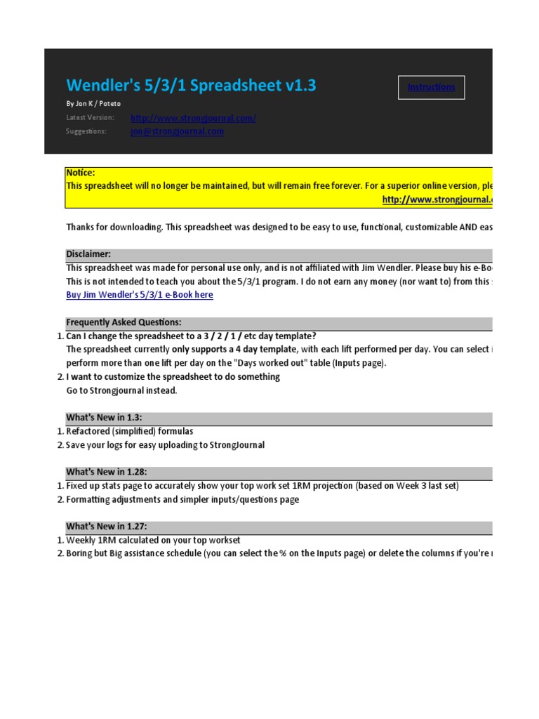 Wendler 5/3/1 Spreadsheet v1.3 | PDF | Spreadsheet | Computing