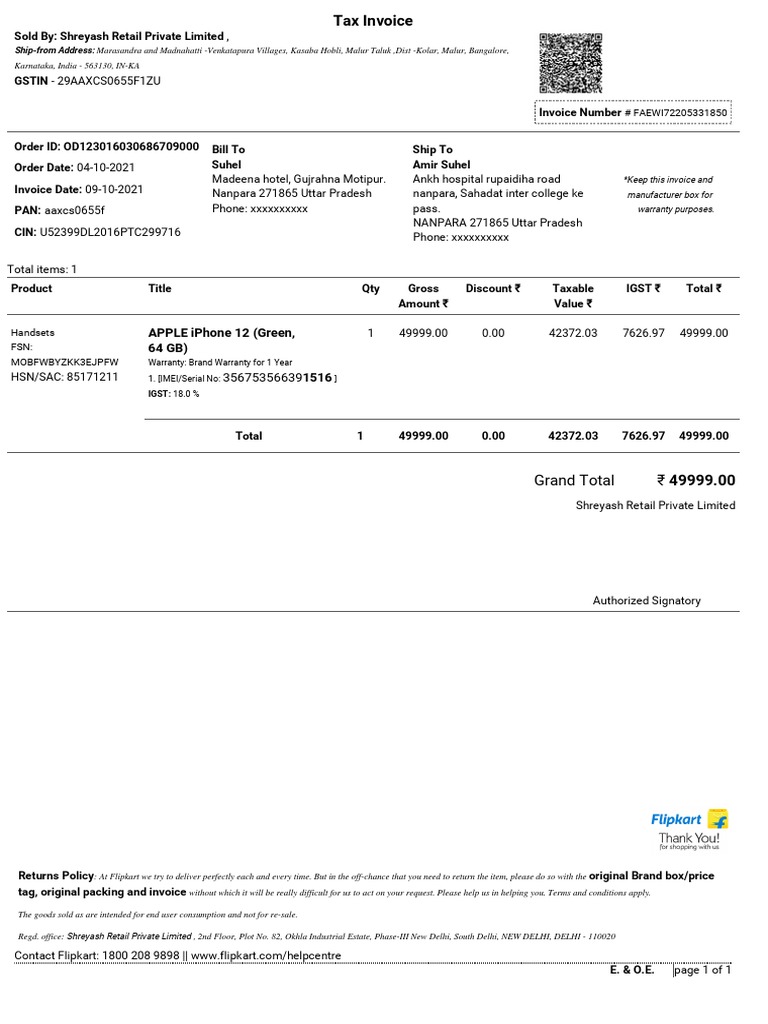 Apple iPhone 12 Invoice from Shreyash Retail Private Limited | PDF ...