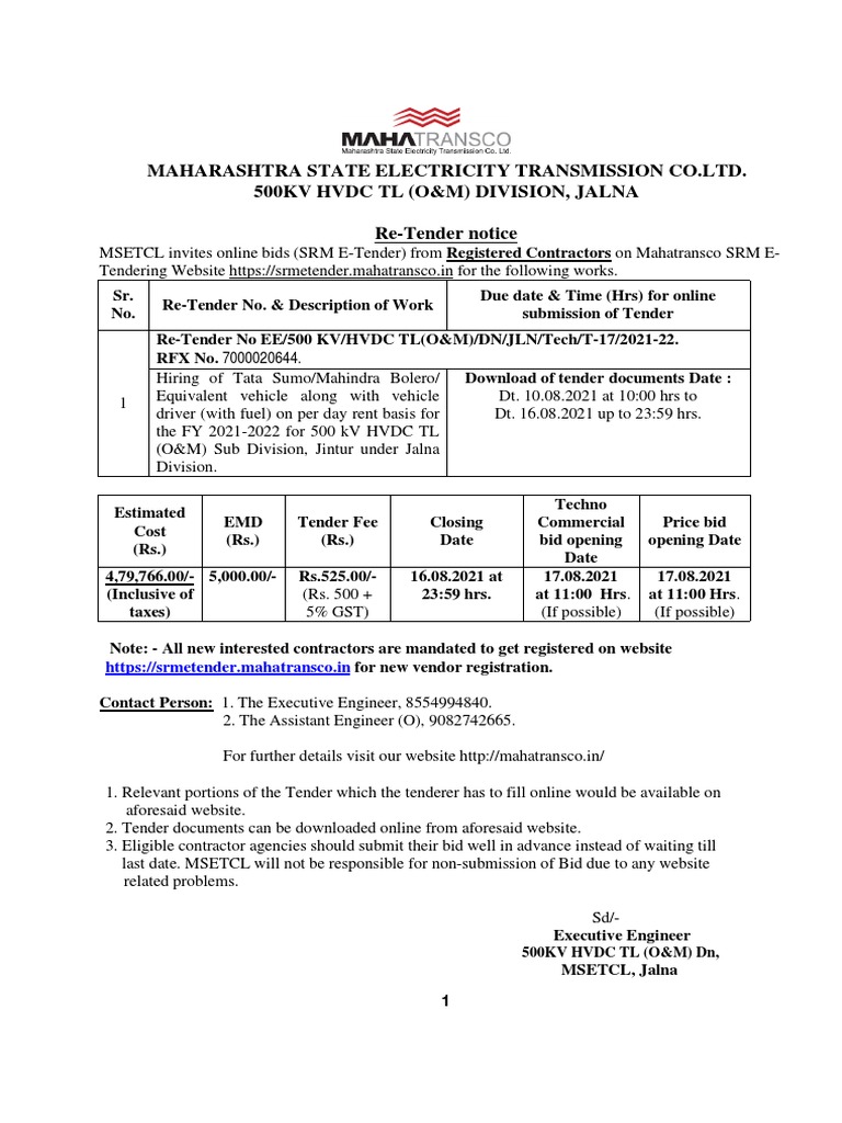 MSETCL Re-Tender for Vehicle Hire 2021 | PDF | Vehicles | Electric Power