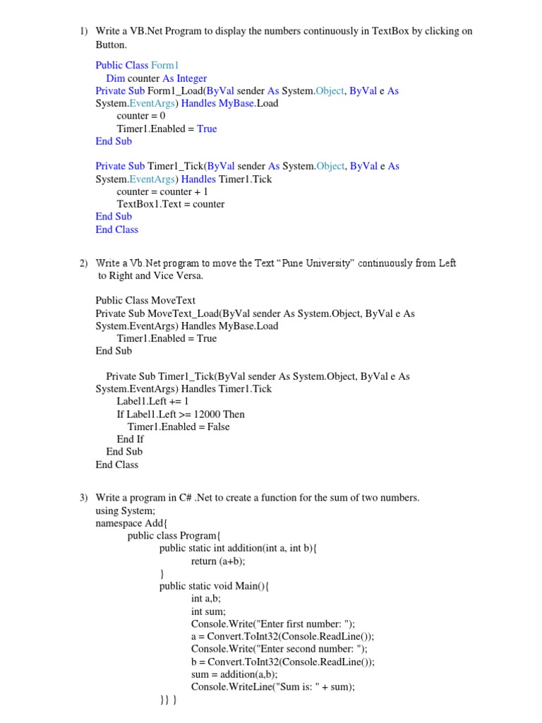 Practical Practice Questions | PDF | Visual Basic .Net | Software