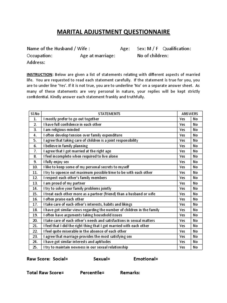 Marital Adjustment Questionnaire | PDF | Marriage | Sexology