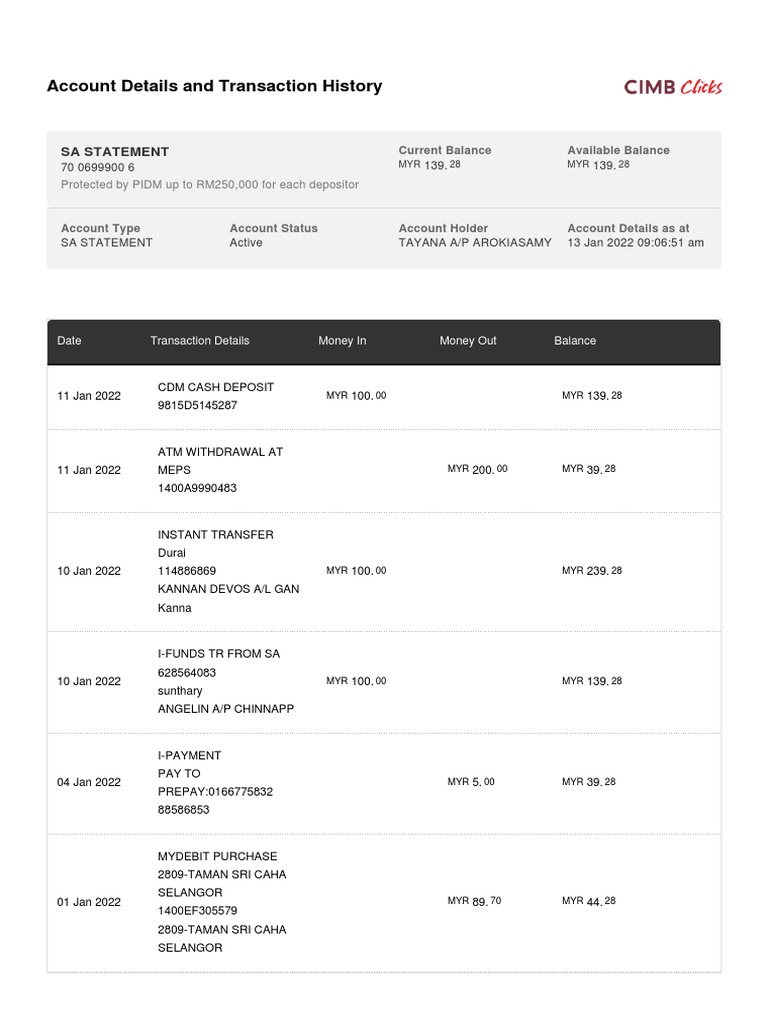 Account Details and Transaction History: Sa Statement | PDF | Trade ...