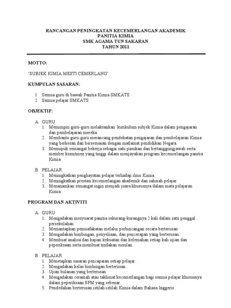 Perancangan Kecemerlangan Panitia Kimia 2011 | PDF