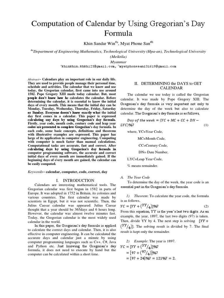 Computation of Calendar by Using Gregorian's Day Formula: Khin Sandar ...