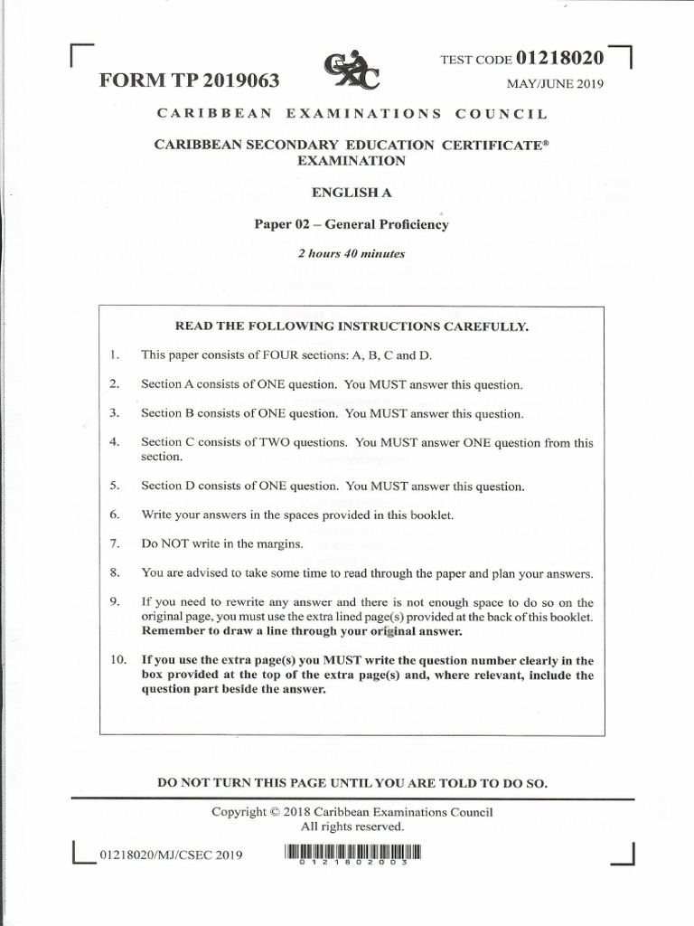 CXC CSEC Many-June 2019 - English A Paper 2 | PDF