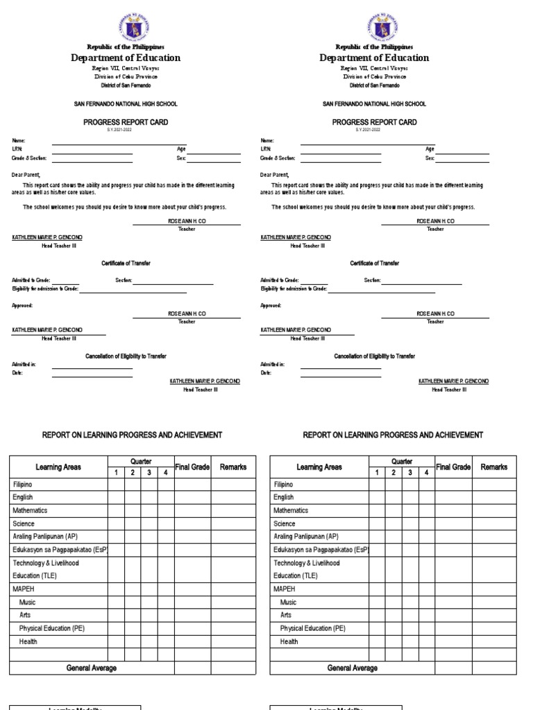 Department of Education Department of Education: Progress Report Card ...