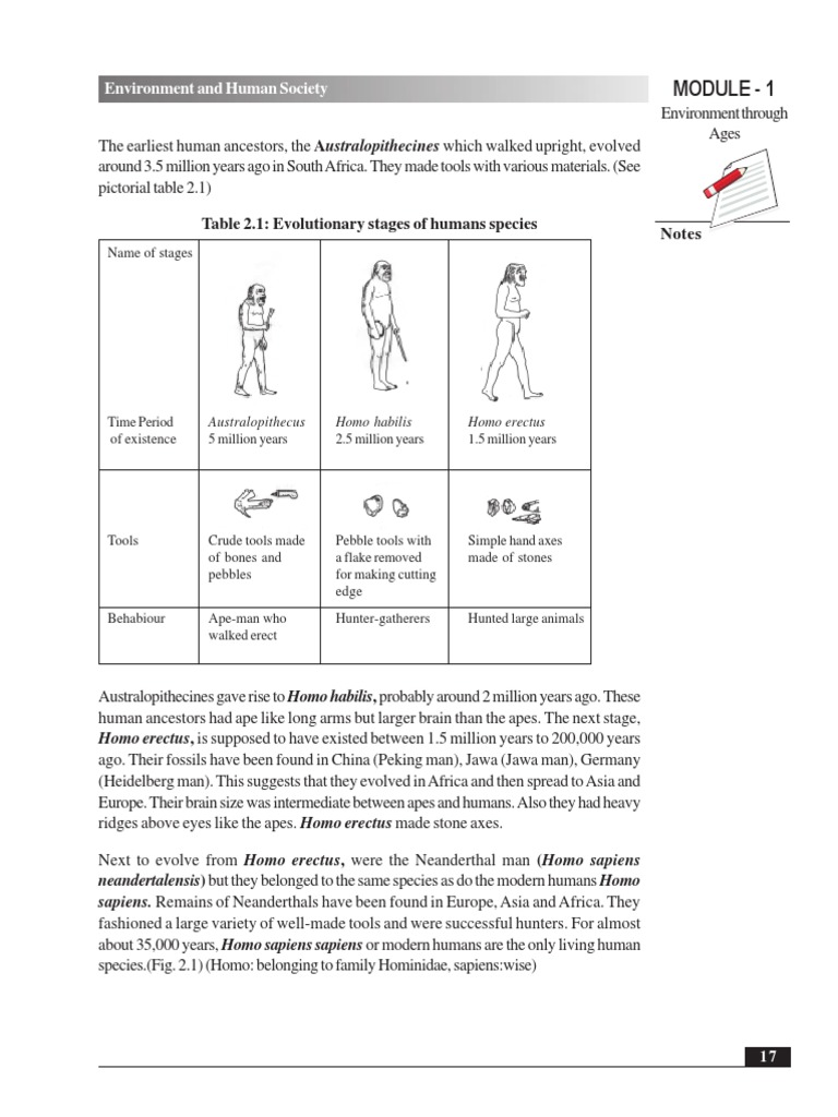 Module - 1: Notes Table 2.1: Evolutionary Stages of Humans Species ...