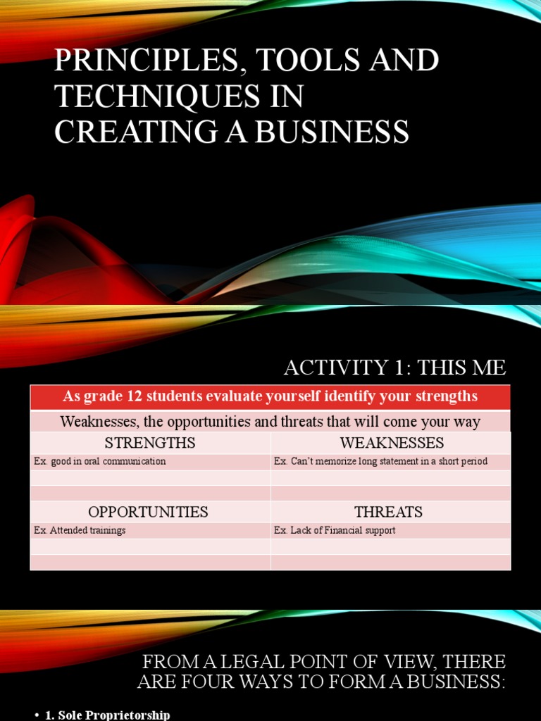 Principles, Tools and Techniques in Creating A | PDF | Partnership | Swot Analysis