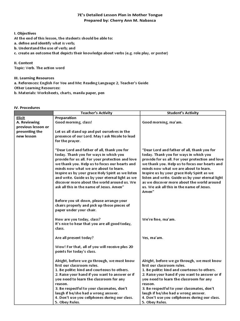 7e's Detailed Lesson Plan | PDF | Lesson Plan | Verb