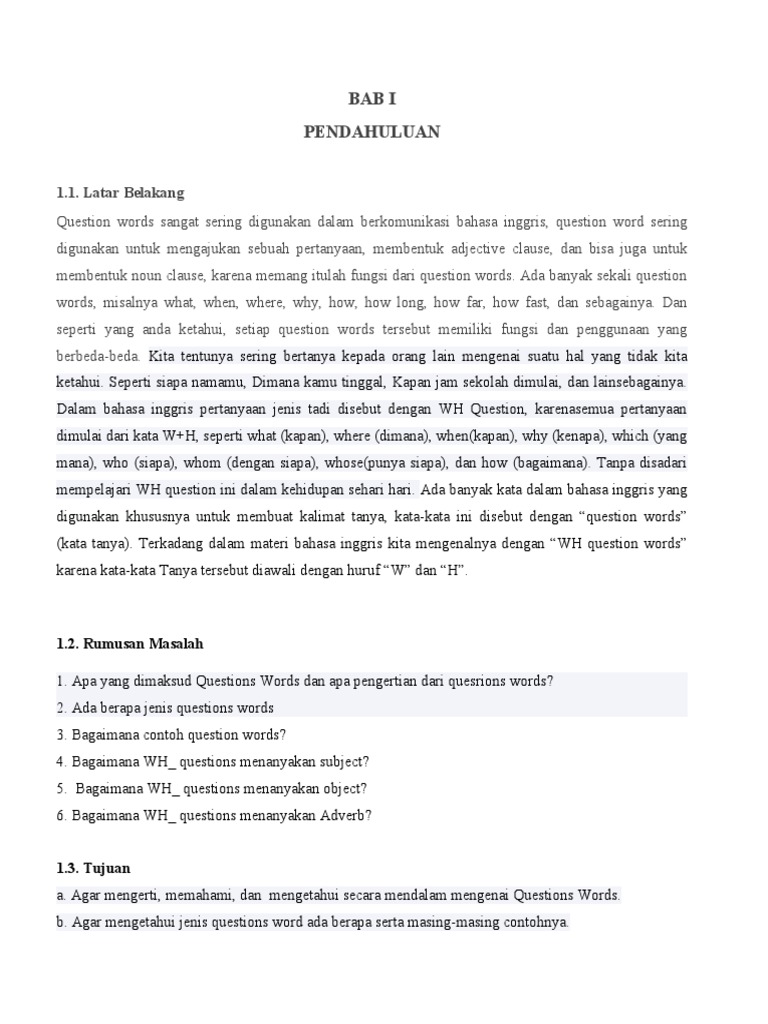 BAB I Dan No 1,2,3 Question Words | PDF