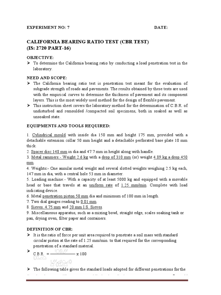 California Bearing Ratio Test (CBR Test) (IS: 2720 PART-16) : Test Load ...