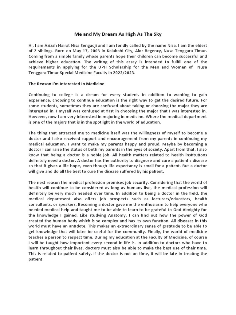 Essay: Me and My Dream As Hight As The Sky | PDF | Physician | Health Care