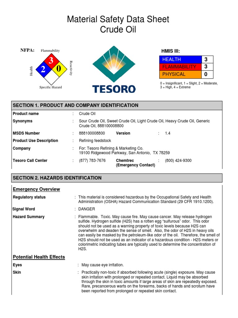 Material Safety Data Sheet Crude Oil: Nfpa: Hmis Iii | PDF | Benzene ...