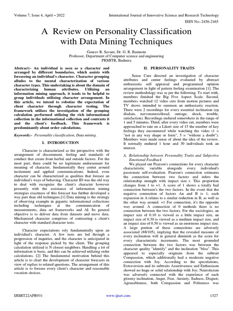 A Review On Personality Classification With Data Mining Techniques ...