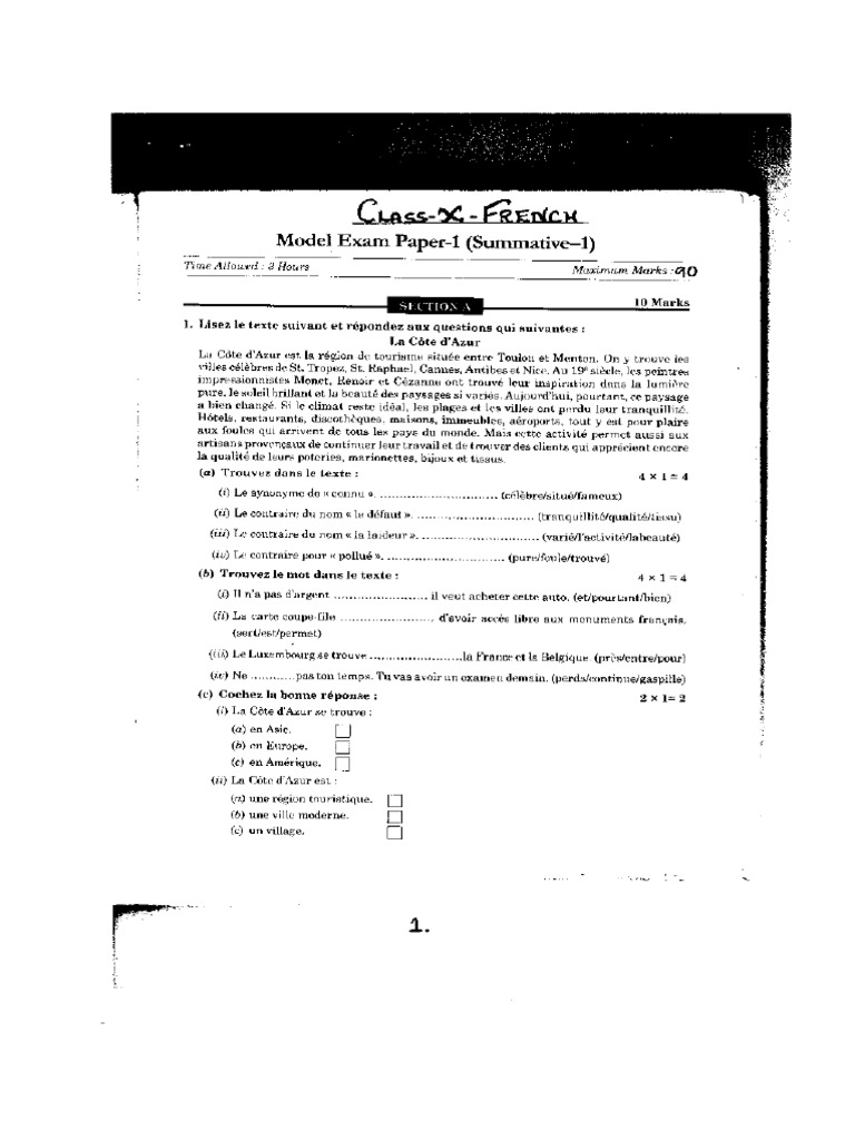 CBSE Class 10 French Worksheet (5) - 0 | PDF