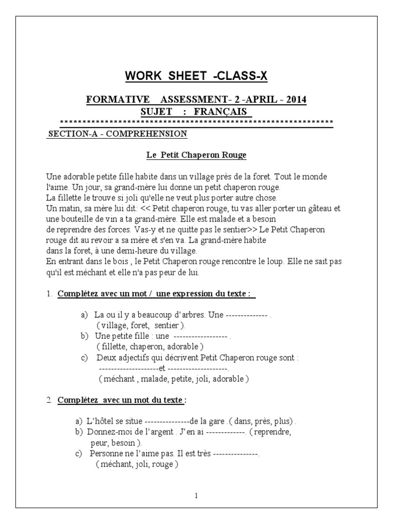CBSE Class 10 French Worksheet | PDF | Le Petit Chaperon rouge | Nourritures