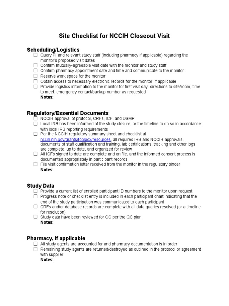 Site Checklist For NCCIH Closeout Visit: Scheduling/Logistics | PDF ...
