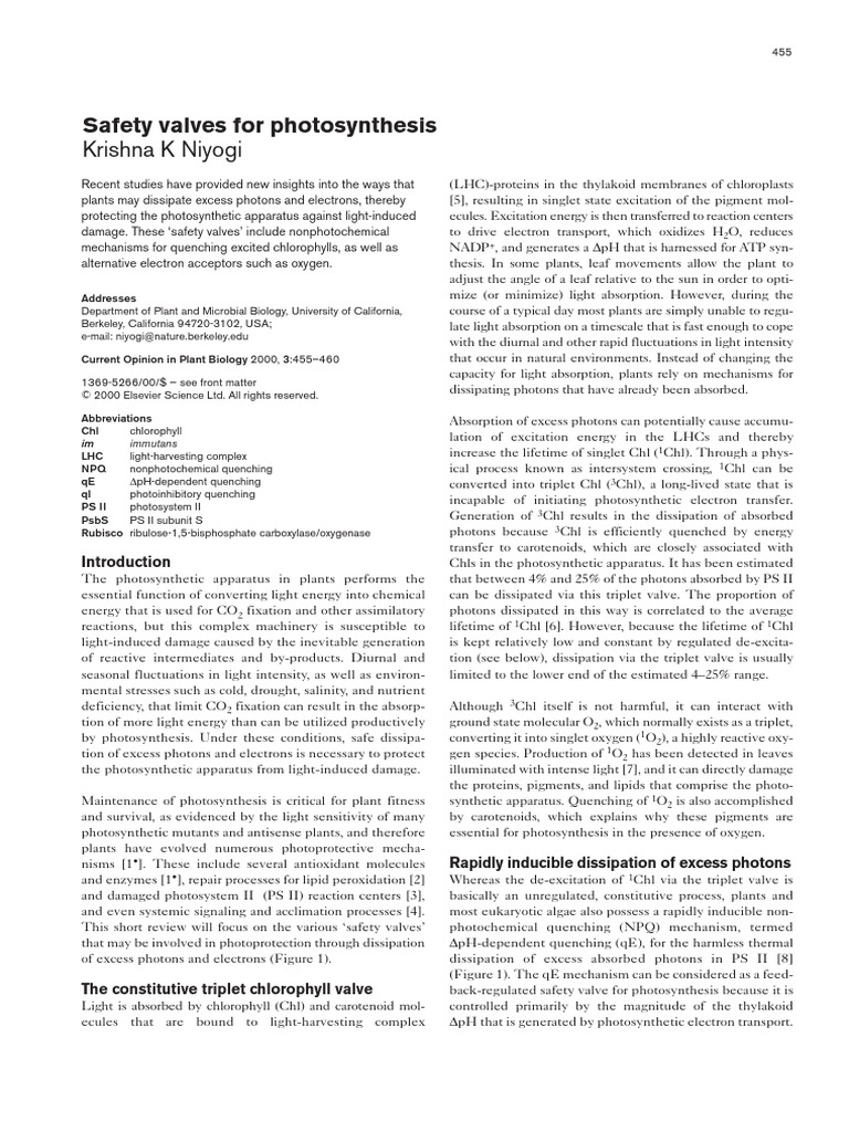 Krishna K Niyogi: Safety Valves For Photosynthesis | PDF | Biology ...