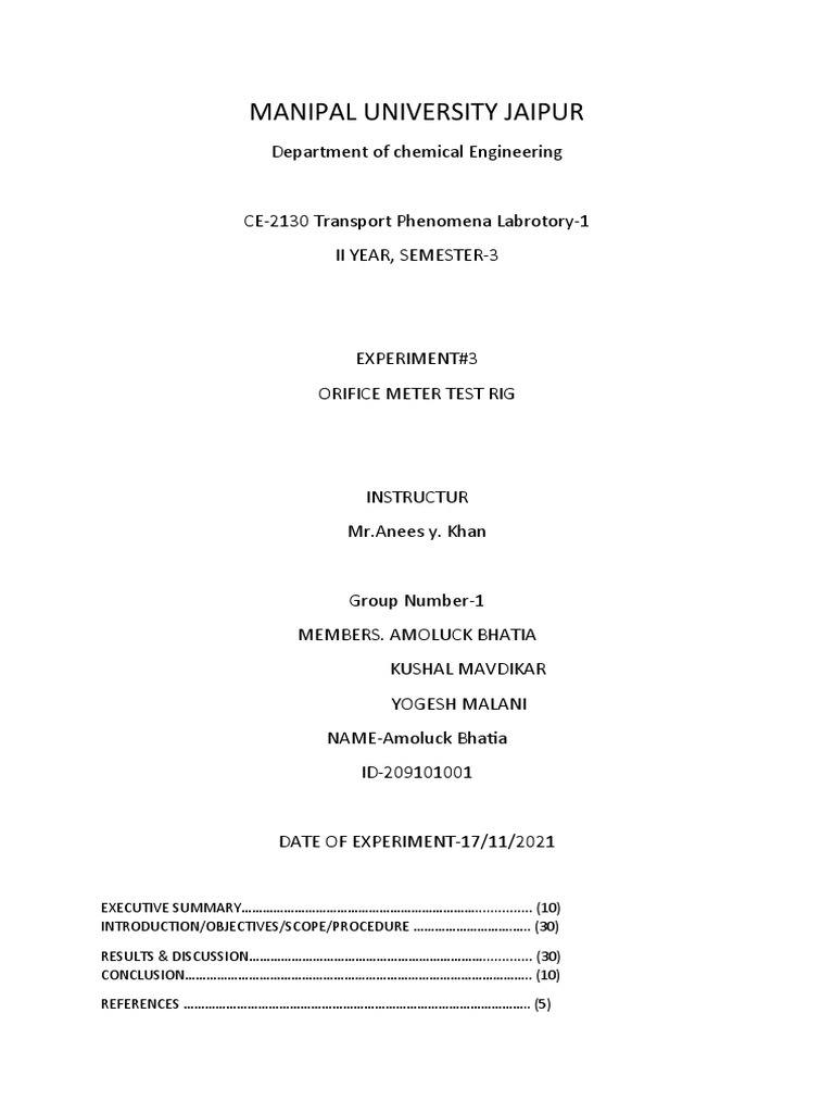 Orifice Meter Experiment | PDF | Flow Measurement | Fluid Dynamics