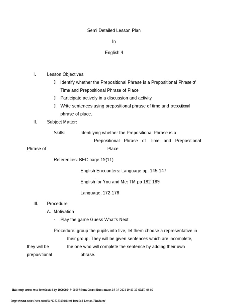 Semi Detailed Lesson Plan | PDF | Preposition And Postposition | Phrase