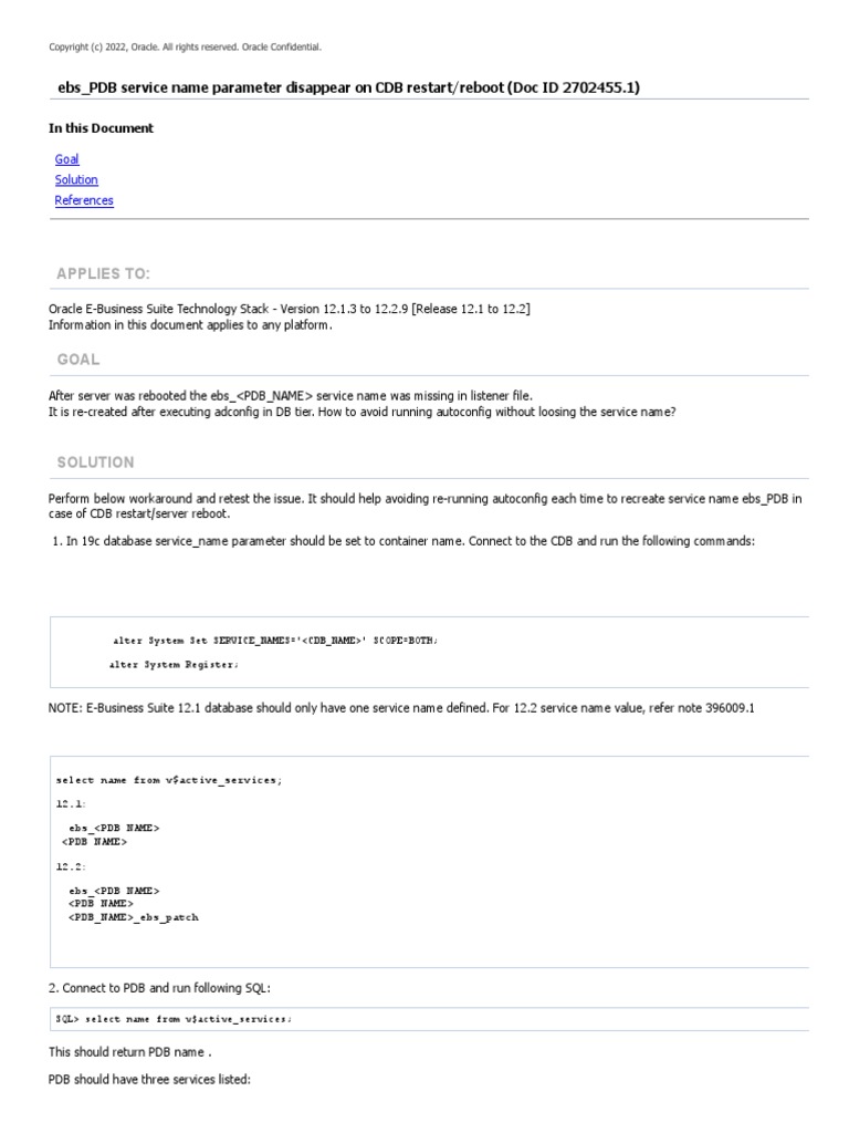 Ebs - PDB Service Name Parameter Disappear On CDB Restart Reboot (Doc ...