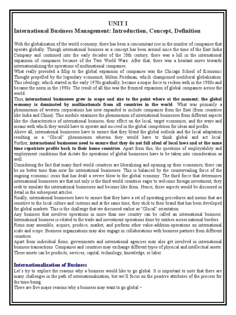 Unit I International Business Management: Introduction, Concept ...