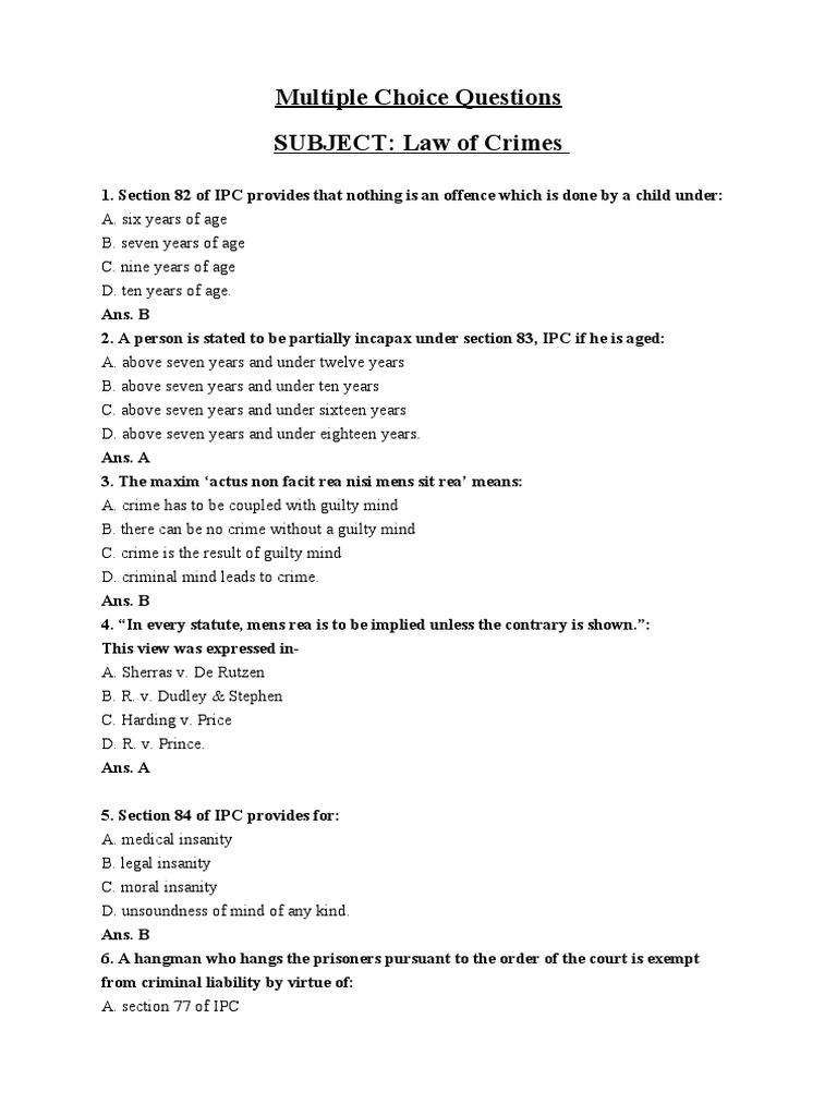 Multiple Choice Questions SUBJECT: Law of Crimes | PDF | Mens Rea ...