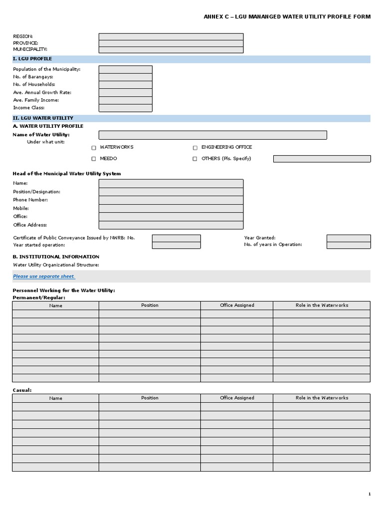 ANNEX C LGU Managed Water Utility Profile Form | PDF | Water Supply ...