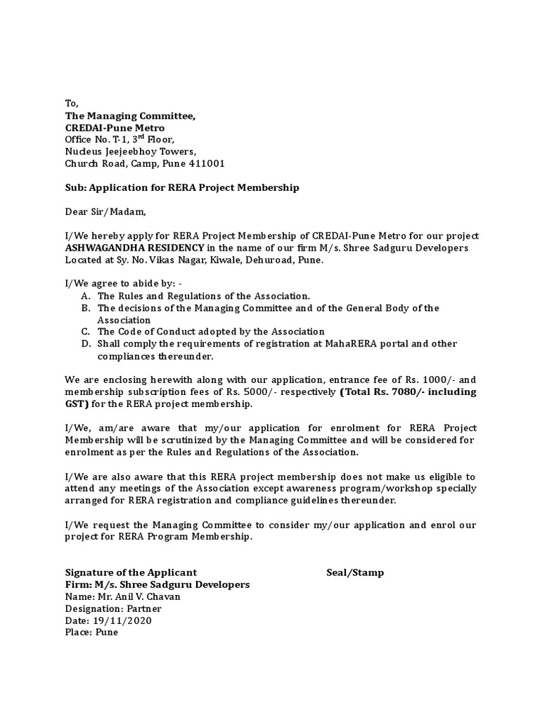 [APPLICATION FOR RERA PROJECT MEMBERSHIP] | PDF | Government