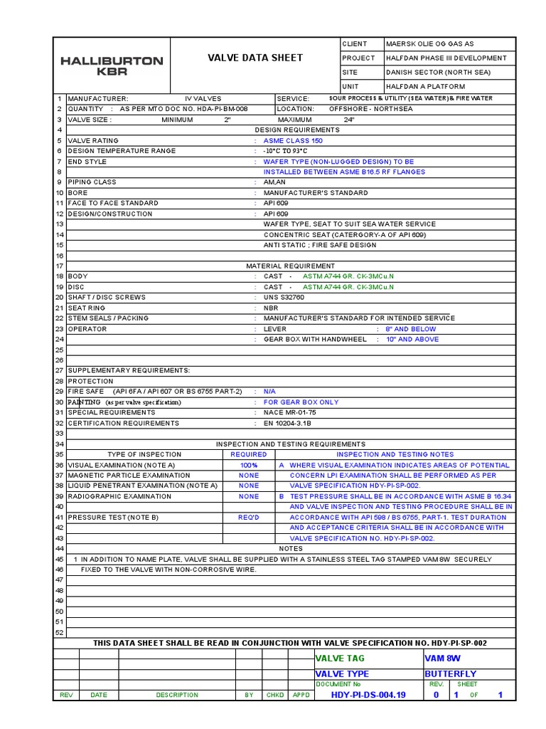 SAMPLE-Butterfly Valve Datasheet | PDF | Valve | Mechanical Engineering