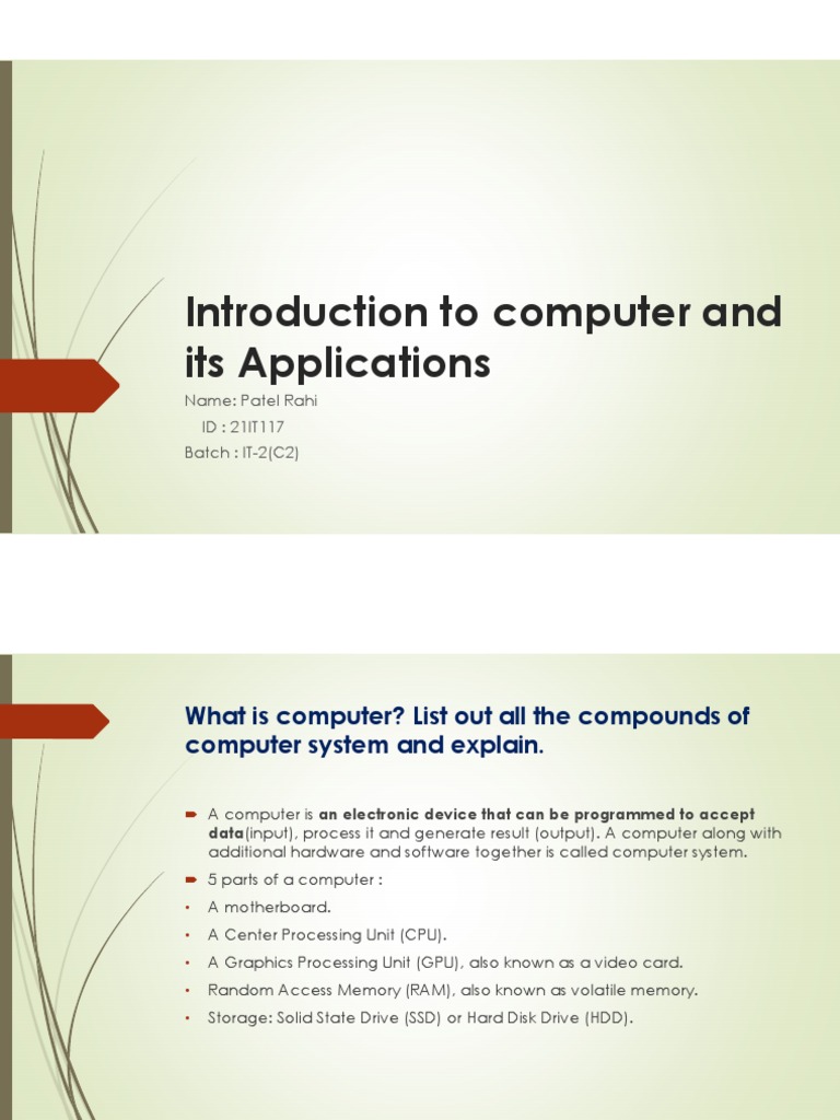 Introduction To Computer and Its Applications: Name: Patel Rahi ID ...