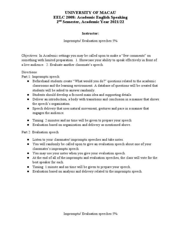 4 Impromptu Speech Assignment | PDF | Evaluation | Body Language