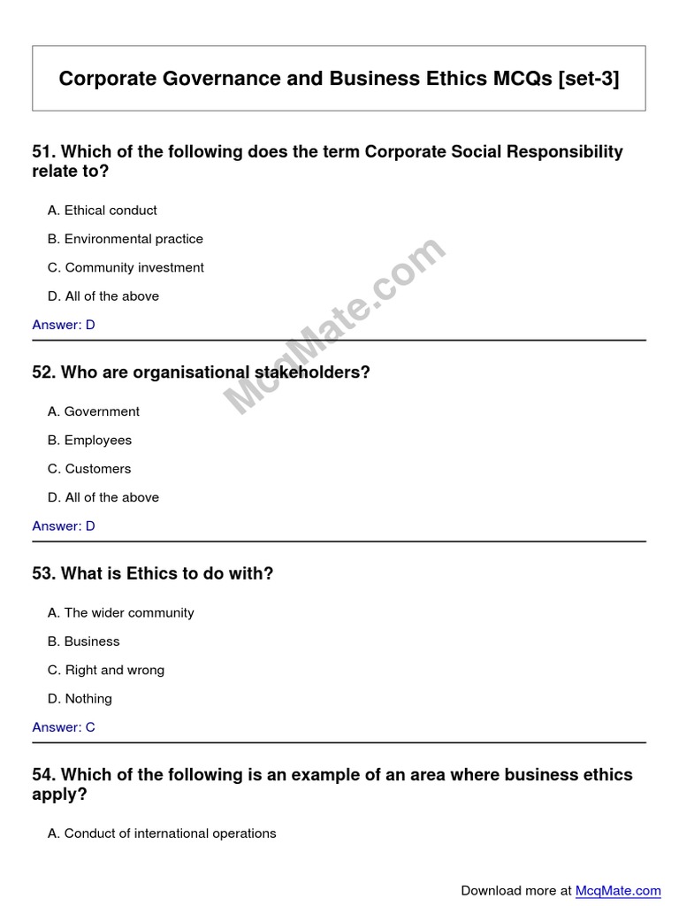 Corporate Governance and Business Ethics Solved MCQs (Set 3) | PDF ...