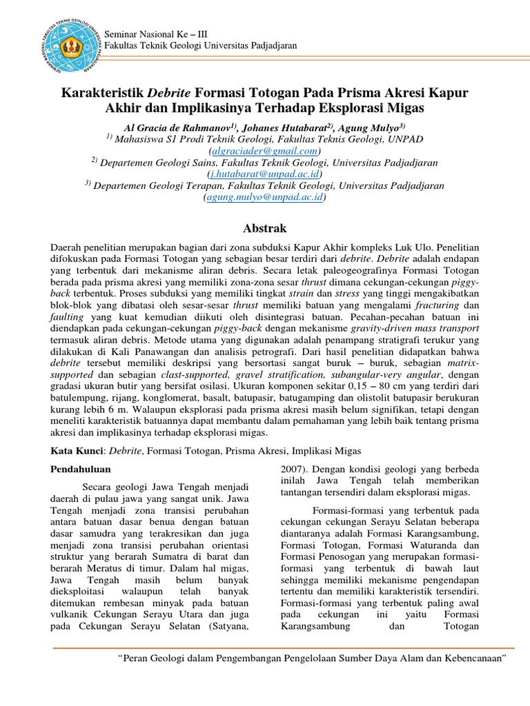 010 Johanes Hutabarat - Karakteristik - Debrite - Formasi - Totogan | PDF | Sains & Matematika ...