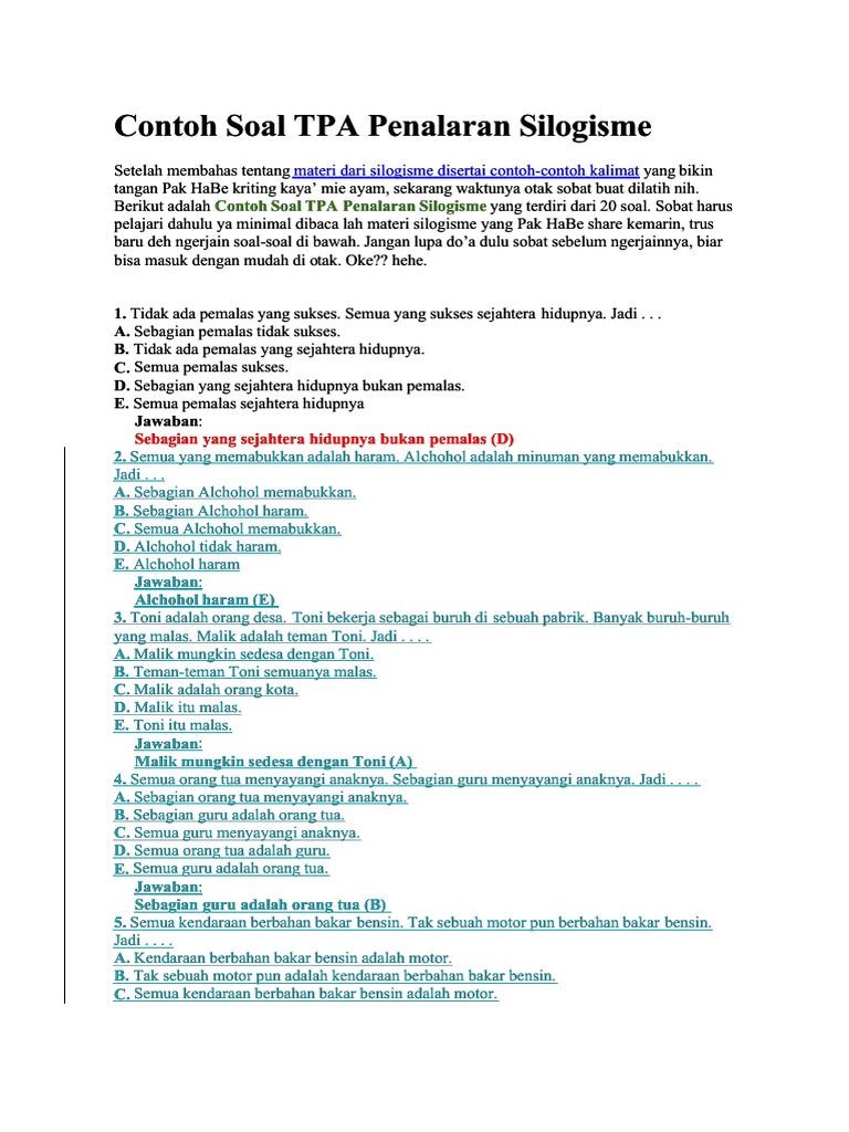 Contoh Soal TPA Silogisme Terbaik | PDF | Seni & Disiplin Bahasa