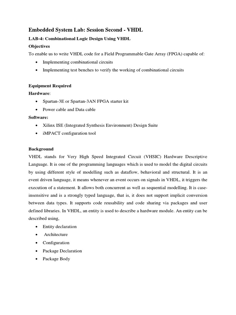 Embedded System Lab Session Second Vhdl Pdf Vhdl Field Programmable Gate Array 