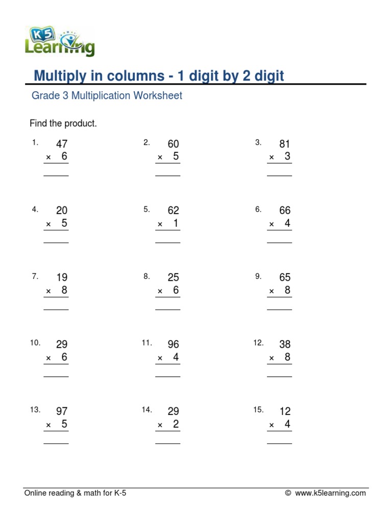 Multiply in Columns - 1 Digit by 2 Digit: Grade 3 Multiplication ...