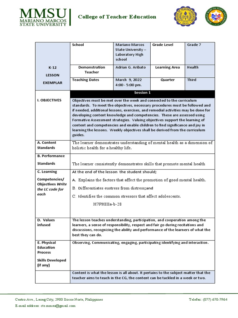 Detailed Lesson Plan in Grade 7 Health Lesson 1 | PDF | Stress (Biology ...