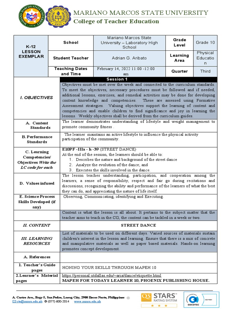Grade 10 Street Dance Lesson Plan | PDF | Learning