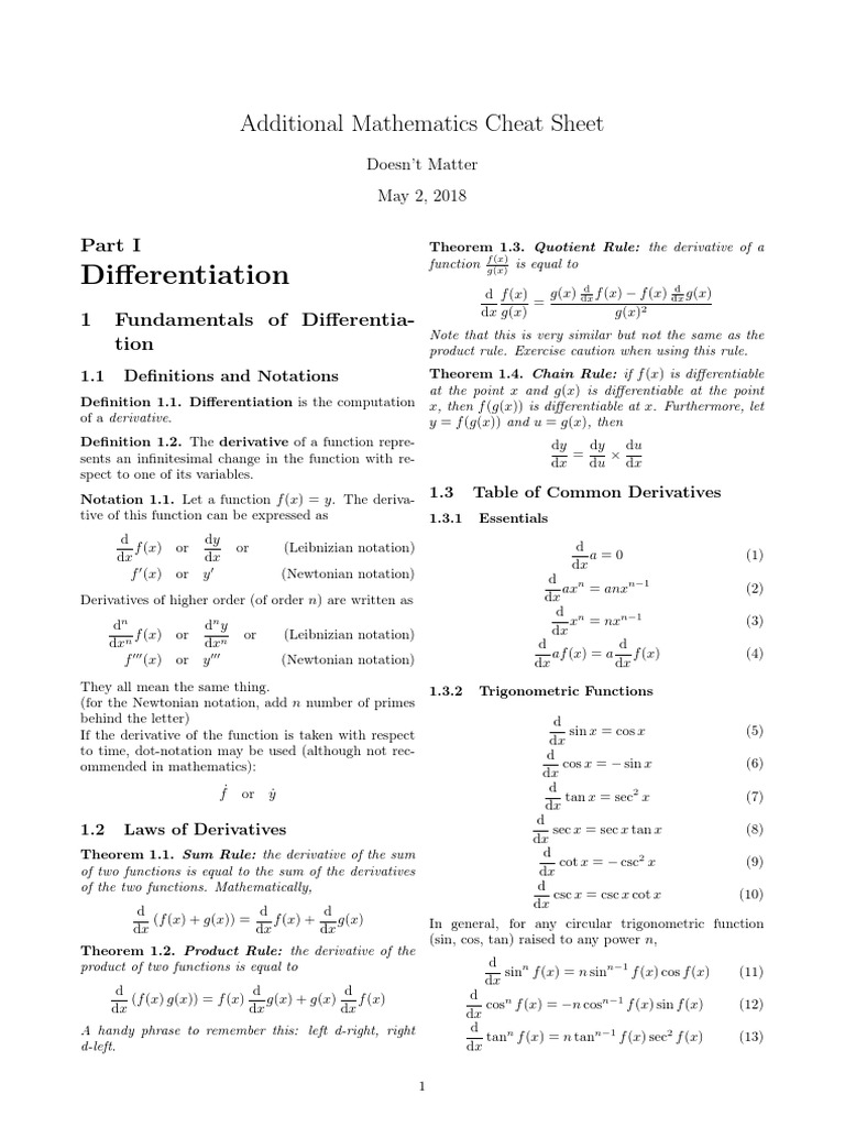 Differentiation: Additional Mathematics Cheat Sheet | Unduh gratis PDF ...