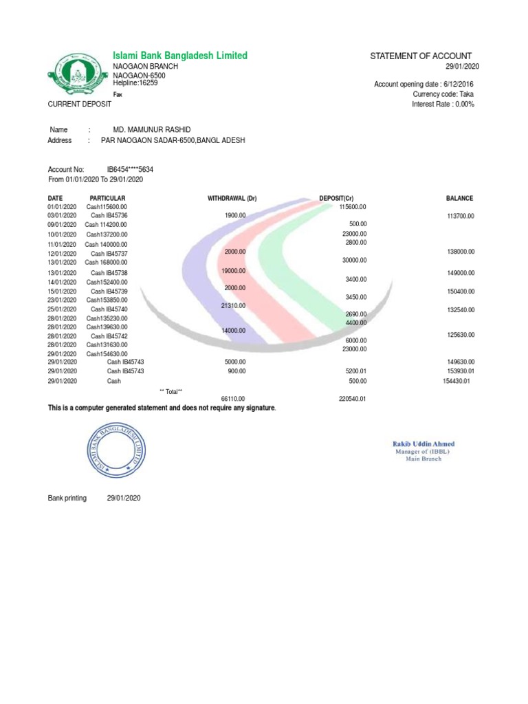 Islami Bank Bangladesh Limited: Statement of Account | PDF | Deposit ...