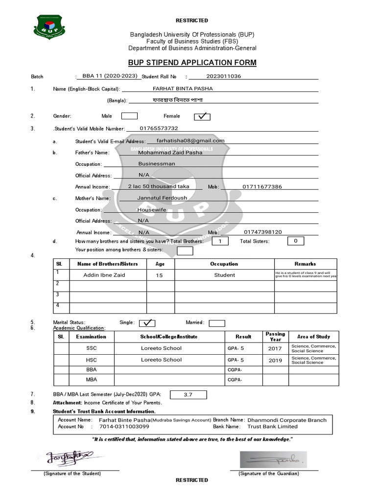 Stipend Form (Farhat Binta Pasha) | PDF