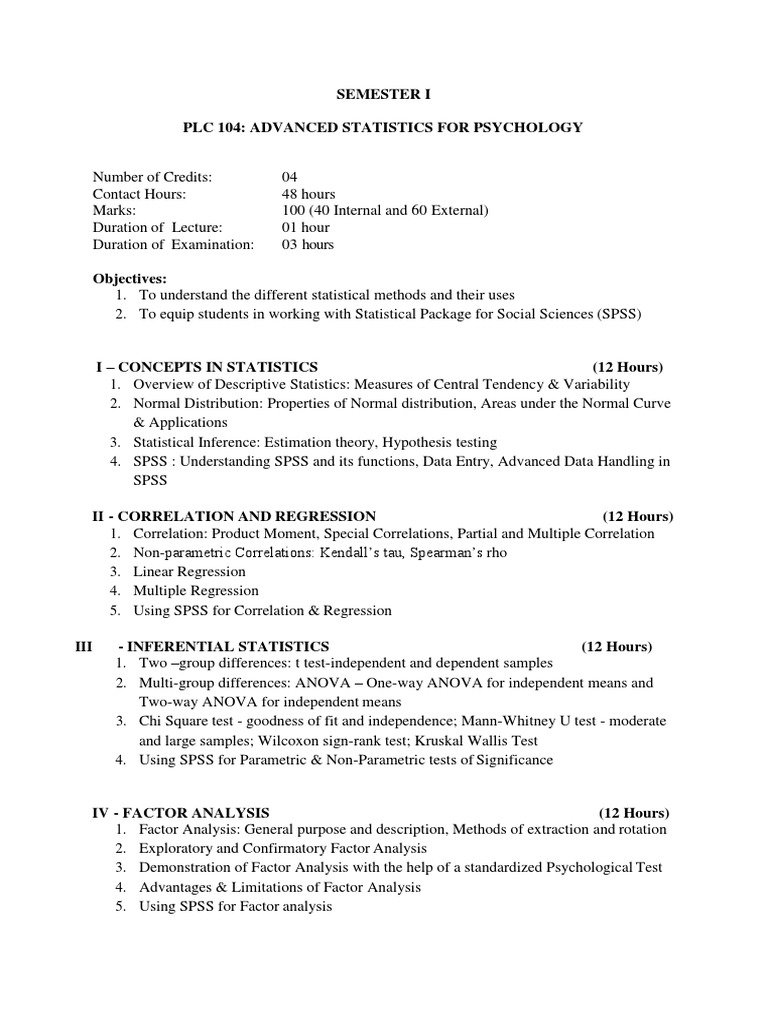 PLC 104 ADVANCED STATISTICS FOR PSYCHOLOGY Syllabus | PDF | Statistics ...