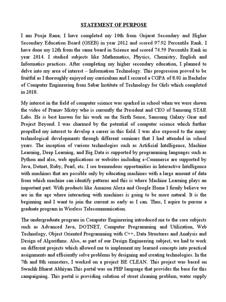 Statement of Purpose (Pooja) | PDF | Computer Network | Internet ...
