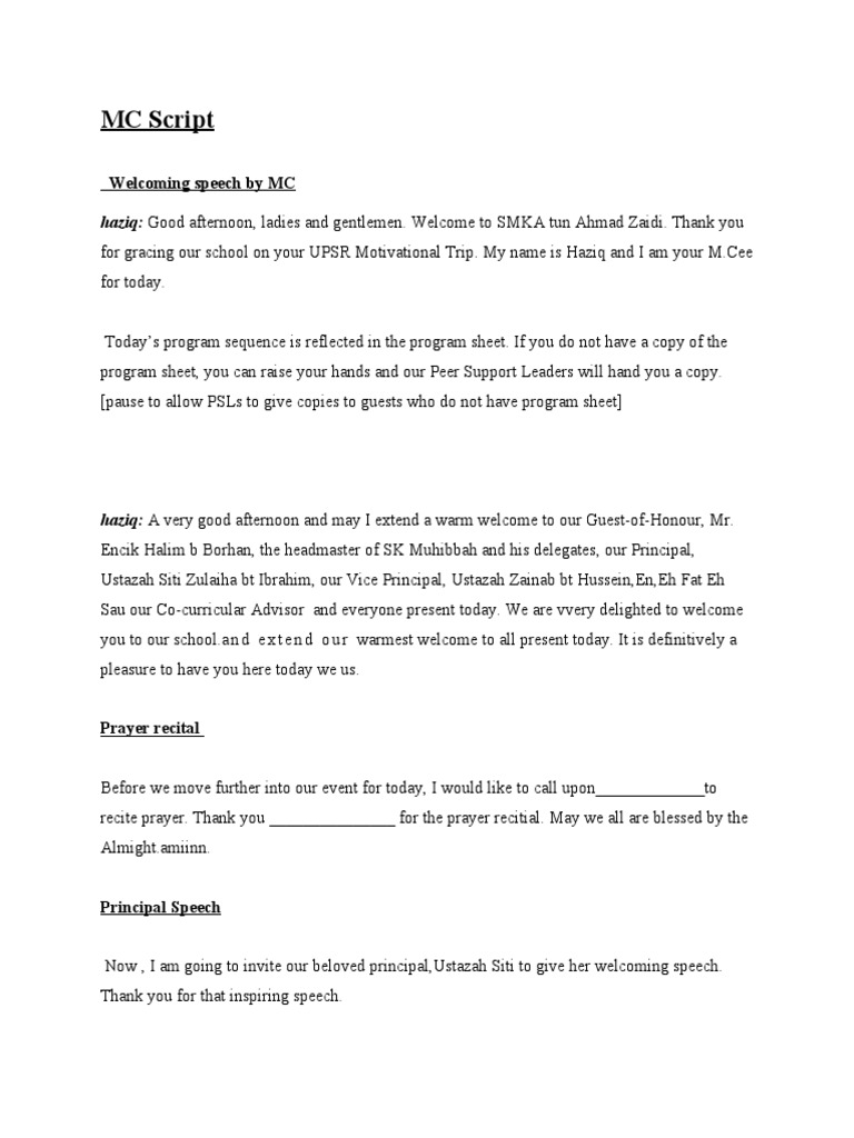 MC Script: Welcoming Speech by MC | PDF