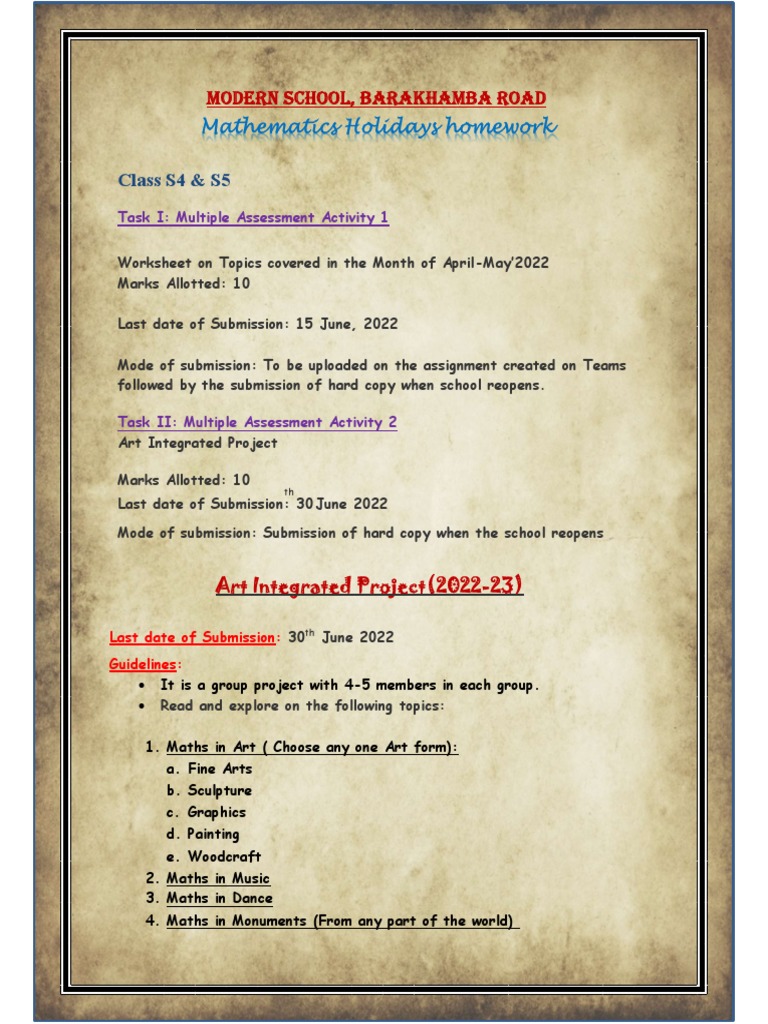 Class 4 & 5 Holiday Math Homework | PDF
