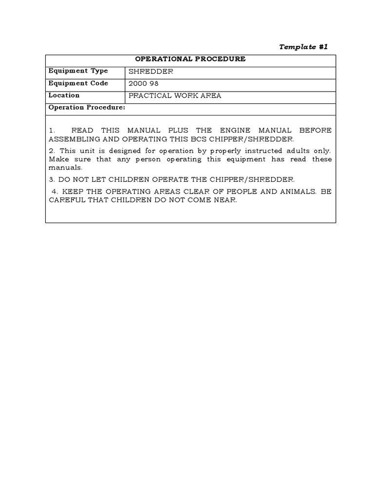 Operational Procedure: Equipment Type Equipment Code Location Operation ...